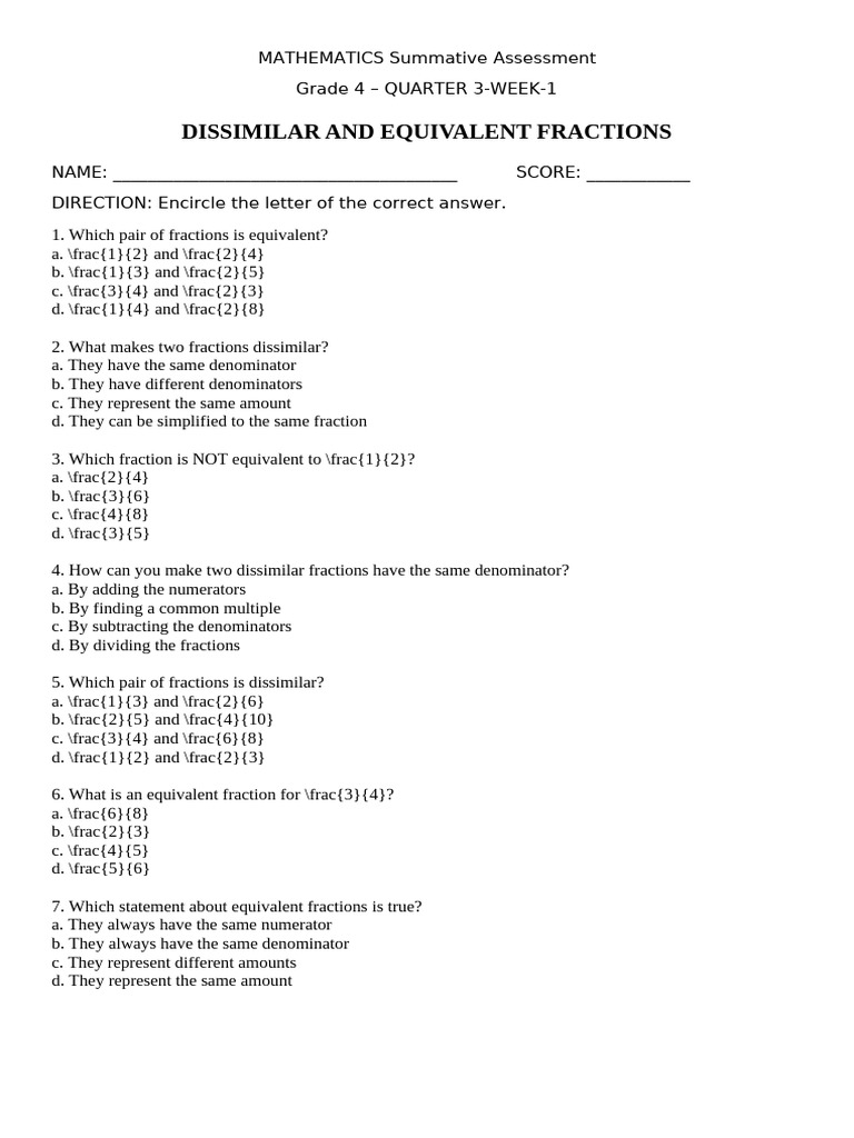 Grade 4 Fractions Assessment Guide | PDF