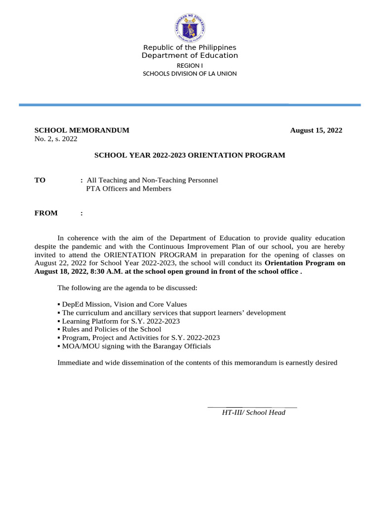 Memorandum For Orientation Sample | PDF | Human Communication ...