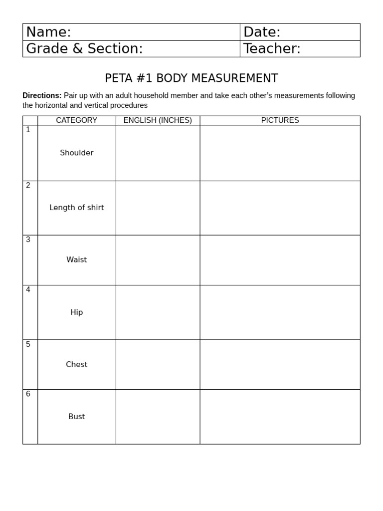 Peta 1 Body Measurement | PDF