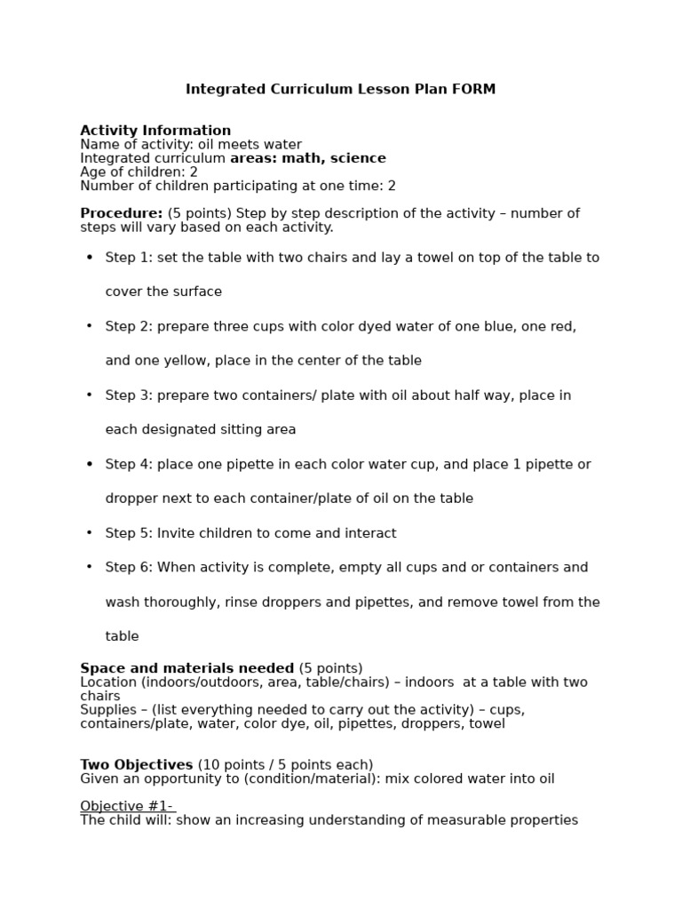 Intergrated Curriculum Lesson Plan 1 | PDF | Water