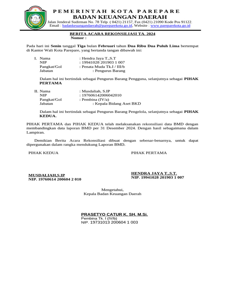 BERITA ACARA REKON ASET Dengan SKPD 2024 | PDF