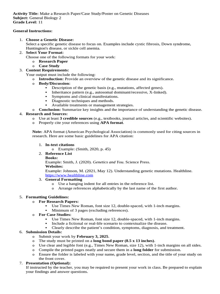 Genetic Diseases Research Project Guide | PDF | Genetic Disorder | Anemia