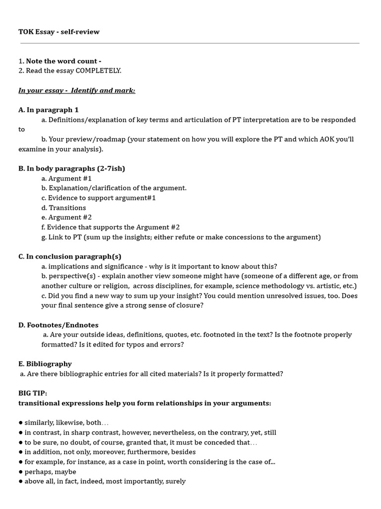 TOK Essay Self-Review Checklist | PDF | Argument | Essays