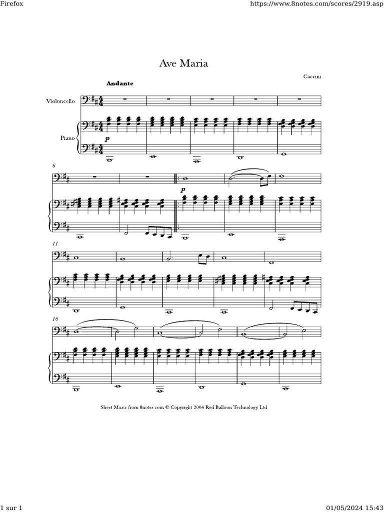 Caccini Giulio Ave Maria Panio Violoncelle | PDF