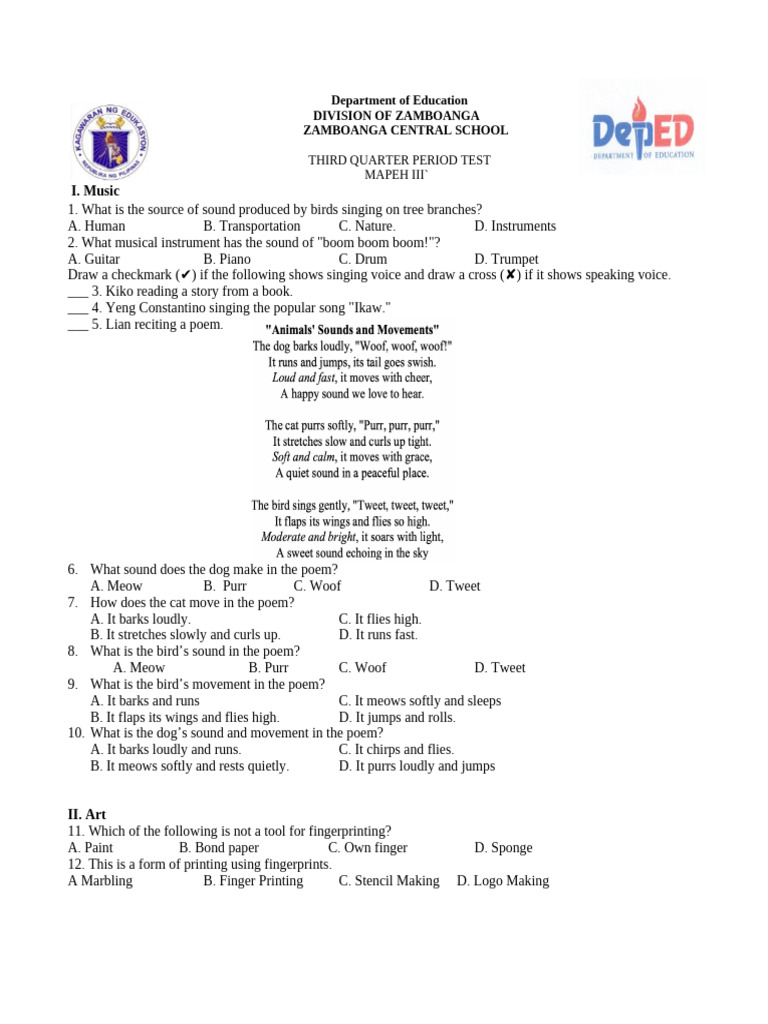 MAPEH PT 3rdQ. With ANSWER SHEET | PDF