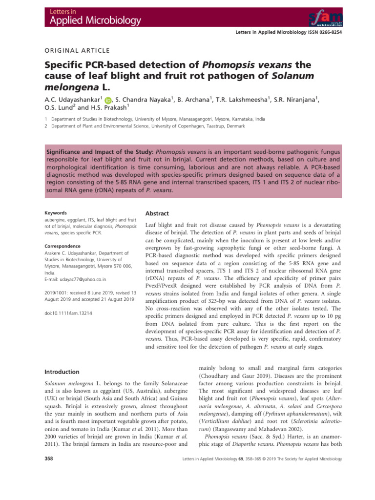 Specific PCR-based Detection of Phomopsis Vexans The Cause of Leaf ...