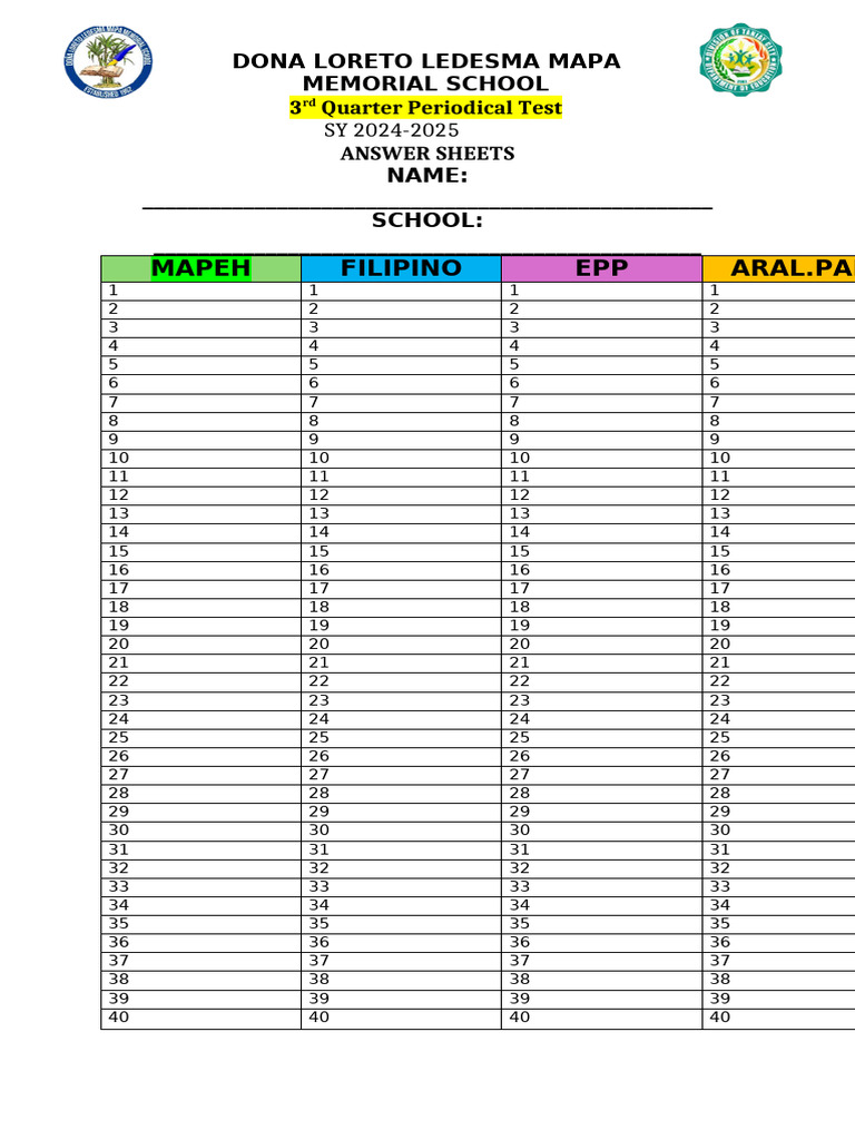 Grade 5 3rd Quarter Test Answer Sheets | PDF