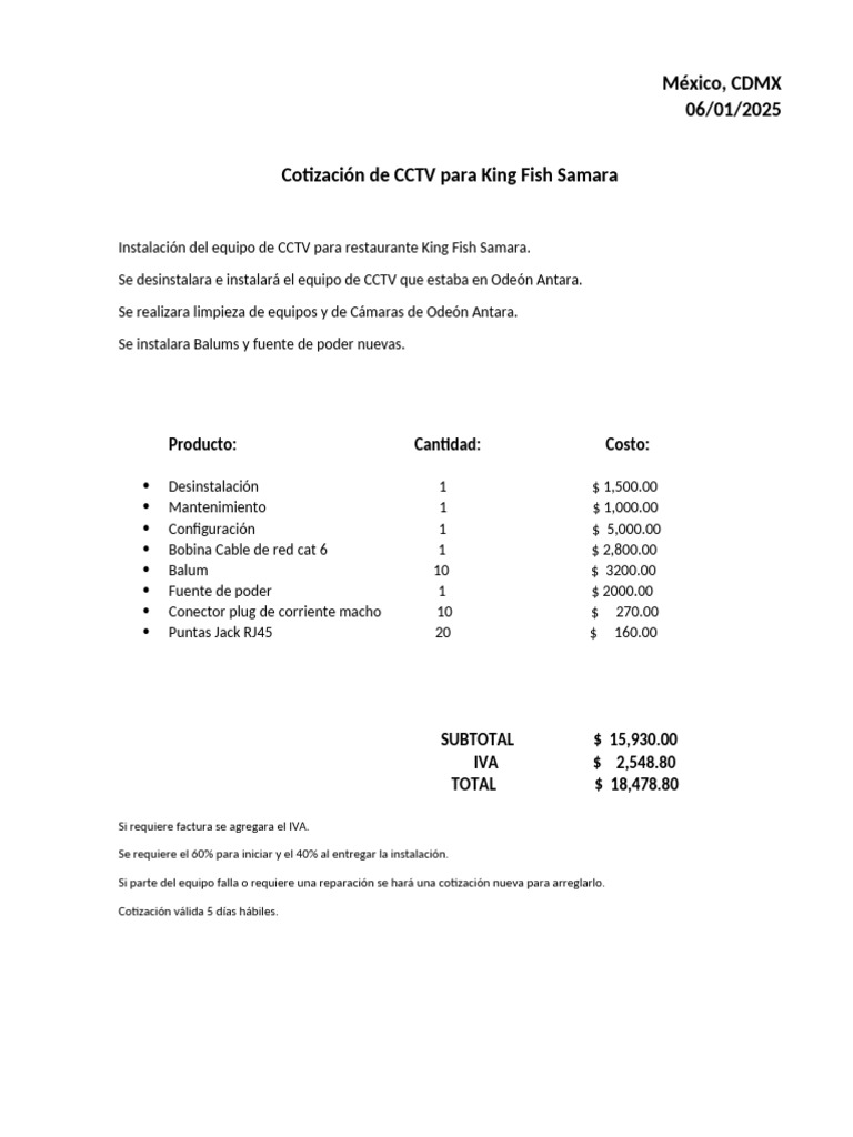 Cotización CCTV para King Fish Samara | PDF