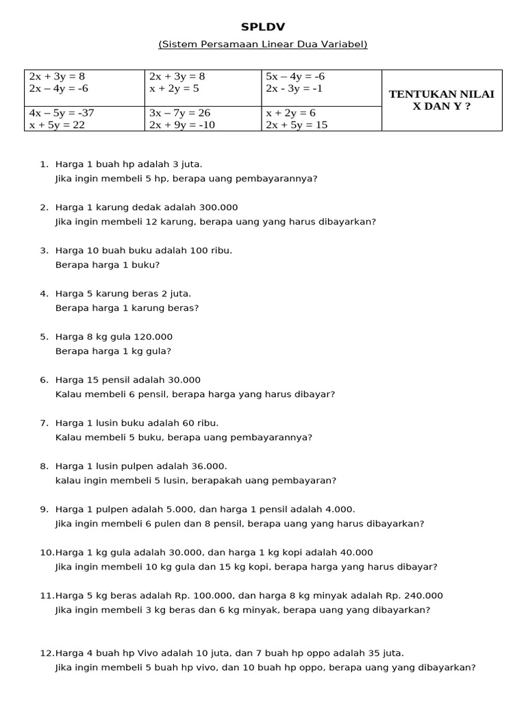 SPLDV Materi Tnpa Kunci Jawaban | PDF