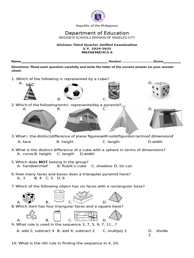 Third Quarter- Mathematics 6-TQ | PDF | Equations | Area