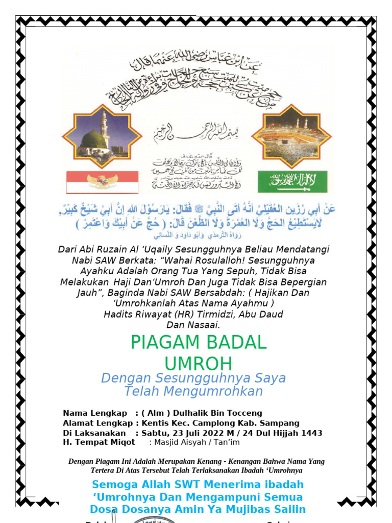 Piagam Umroh untuk Alm. Dulhalik | PDF