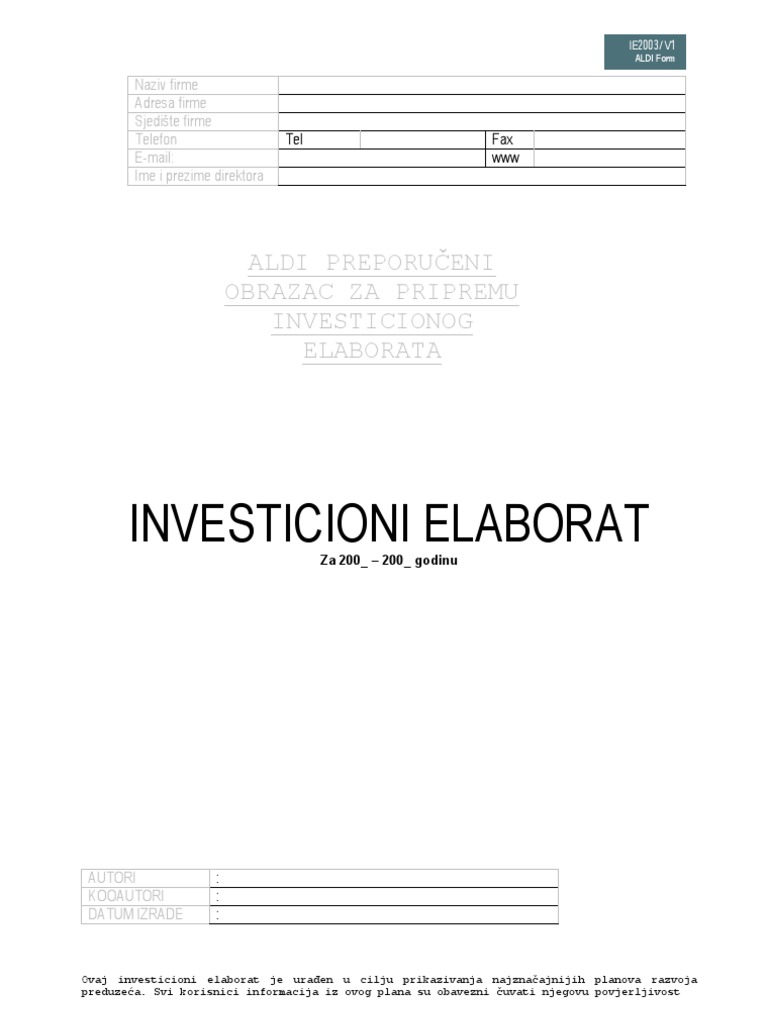 Investicijski Elaborat - Obrazac | PDF