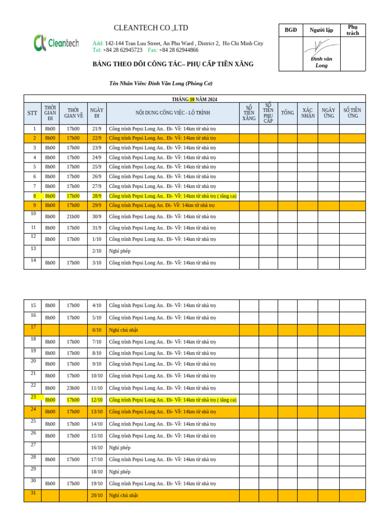 DINH VAN LONG - PHIEU CONG TAC T10-2024 Up | PDF
