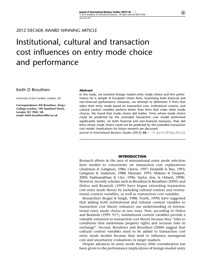 Entry Mode Choice and Performance Analysis | PDF | Market (Economics ...