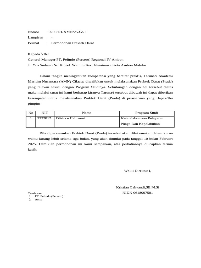 Permohonan Praktek Darat AMN Cilacap | PDF