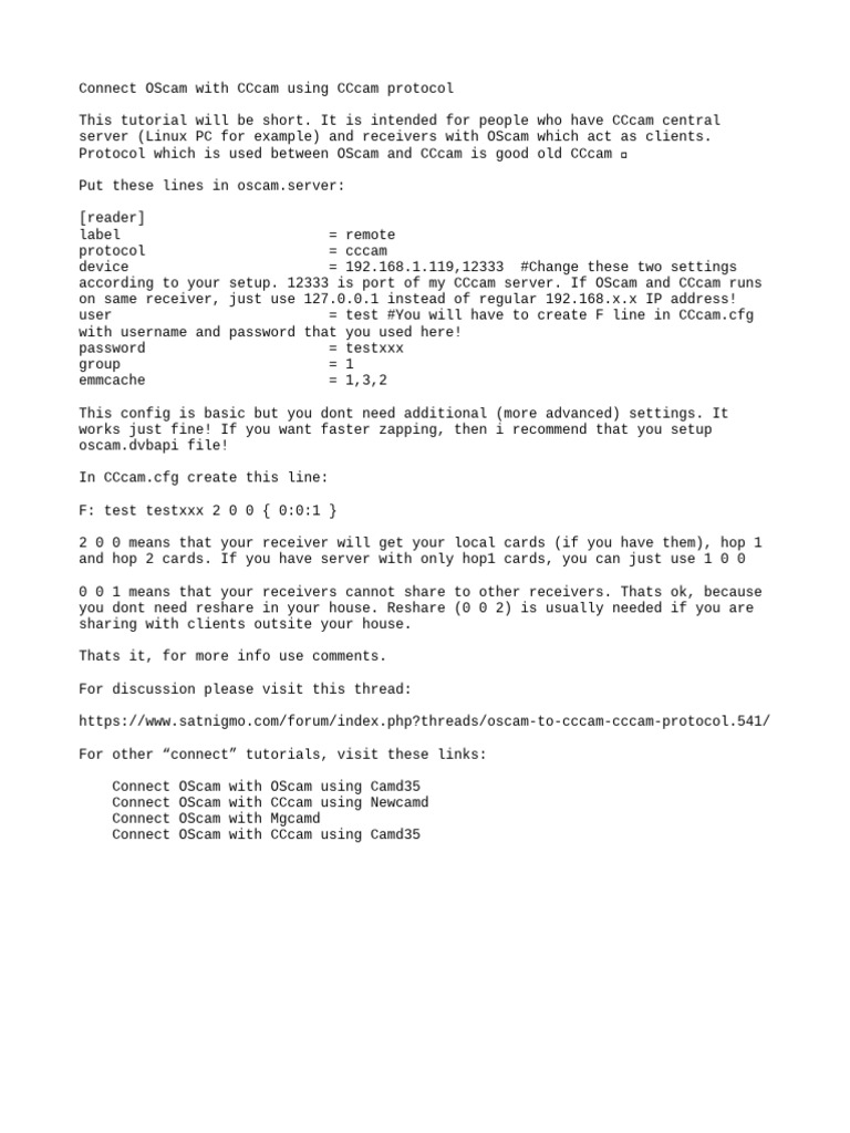 Connect OScam with CCcam using CCcam protocol | PDF