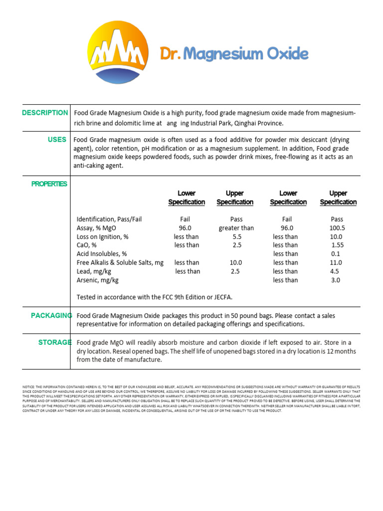 Food Grade Magnesium Oxide Overview | PDF | Magnesium | Chemical Elements