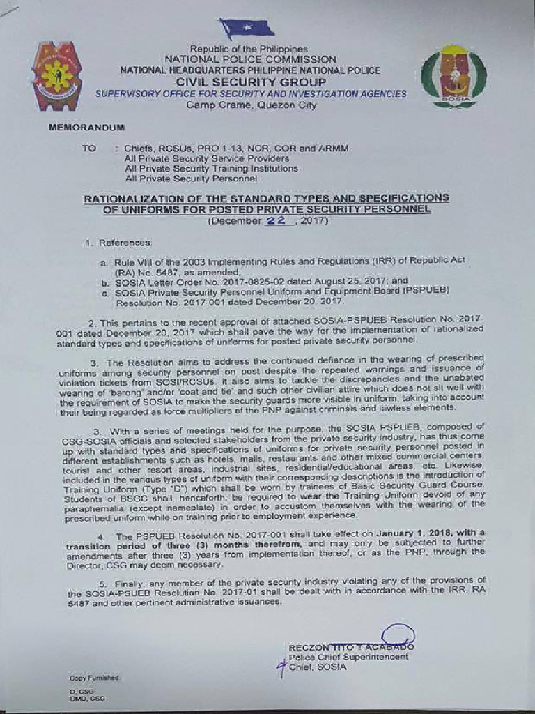 Sosia Uniform Memo. Dated Dec. 20, 2017 | PDF