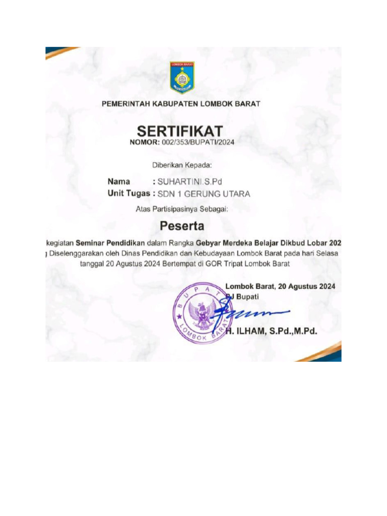 Sertifikat Bu Tini 1 | PDF