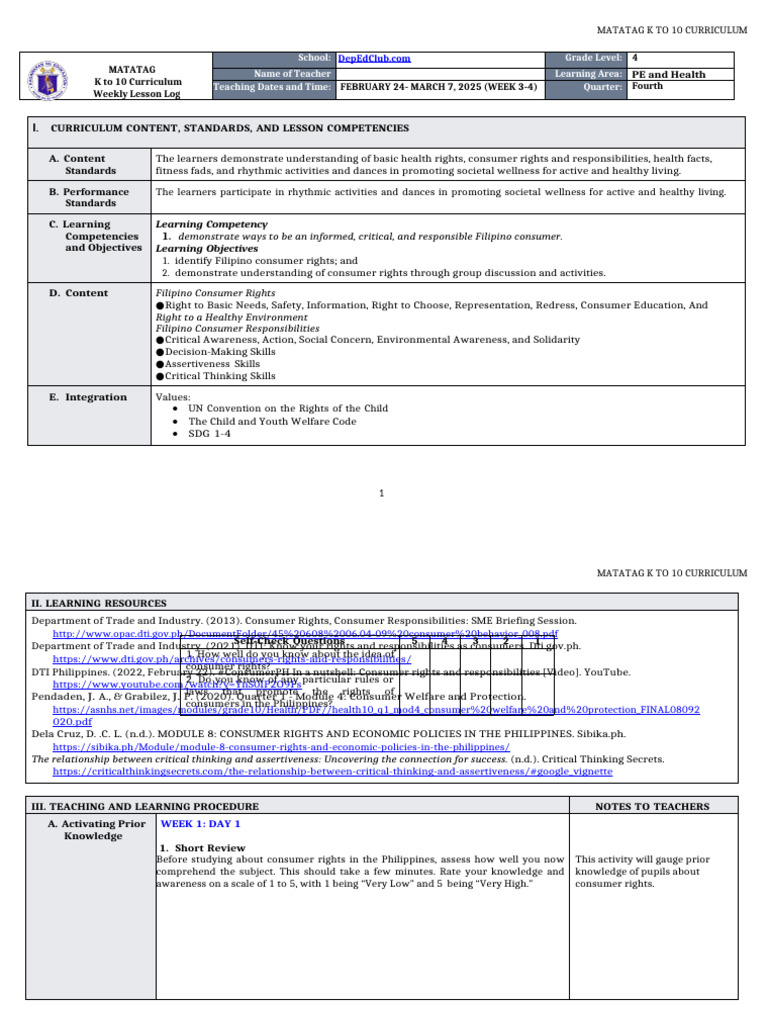 DLL Matatag - Pe & Health 4 Q4 Week3-4 | PDF | Critical Thinking | Thought