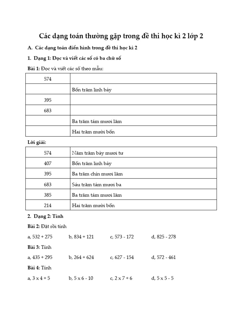 Cac Dang Toan Thuong Gap Trong de Thi Hoc Ki 2 Lop 2 | PDF