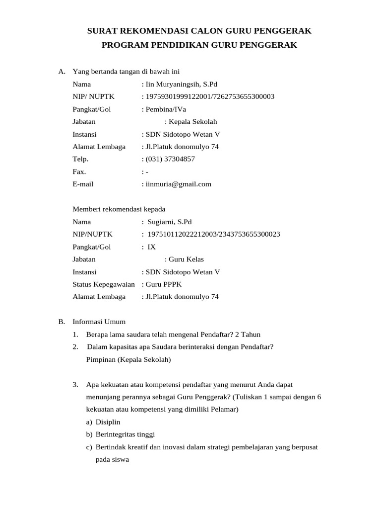 Surat Rekomendasi Calon Guru Penggerak Bu Arni | PDF