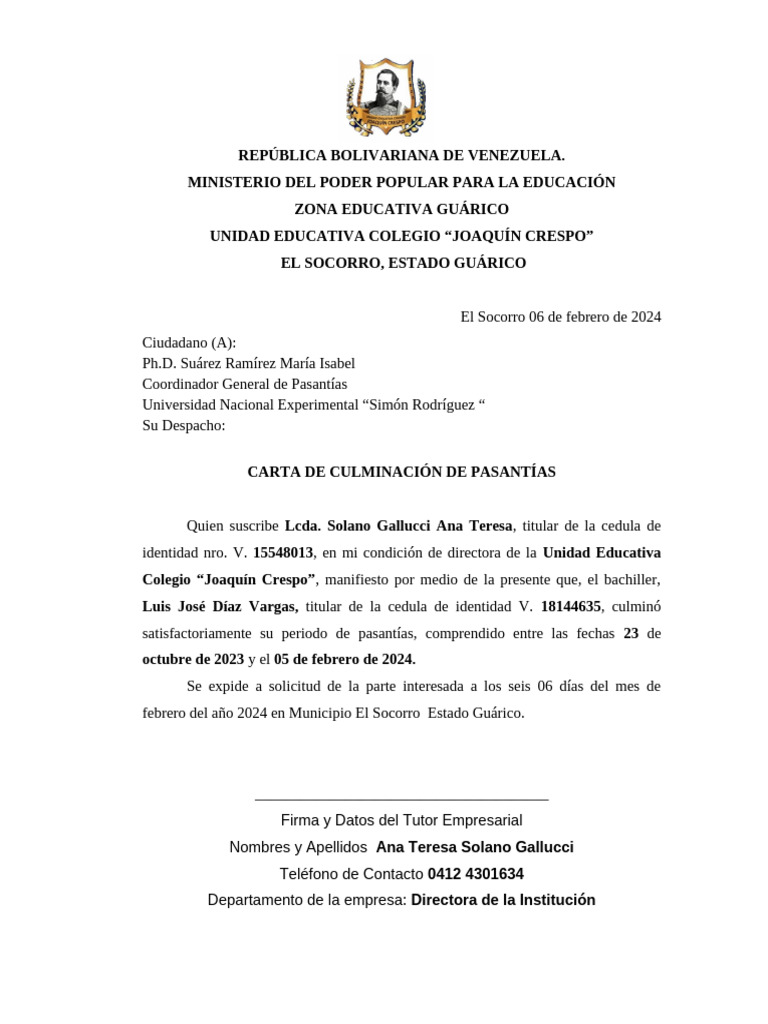 carta de culminacion adm escuela | PDF