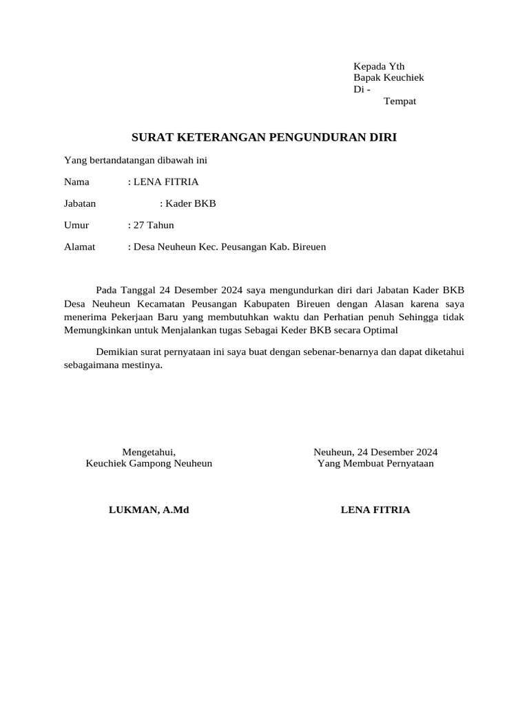 Pengunduran Diri Kader BKB | PDF