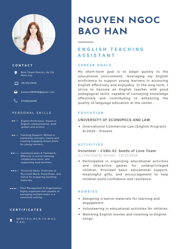 Nguyen Ngoc Bao Han CV English Teaching Assistant | PDF | Language Education | Learning