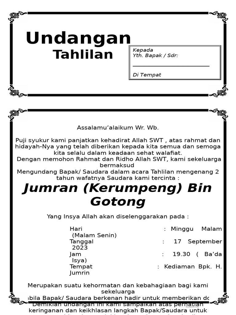 Undangan Tahlilan 2 Tahun Wafat Jumran | PDF