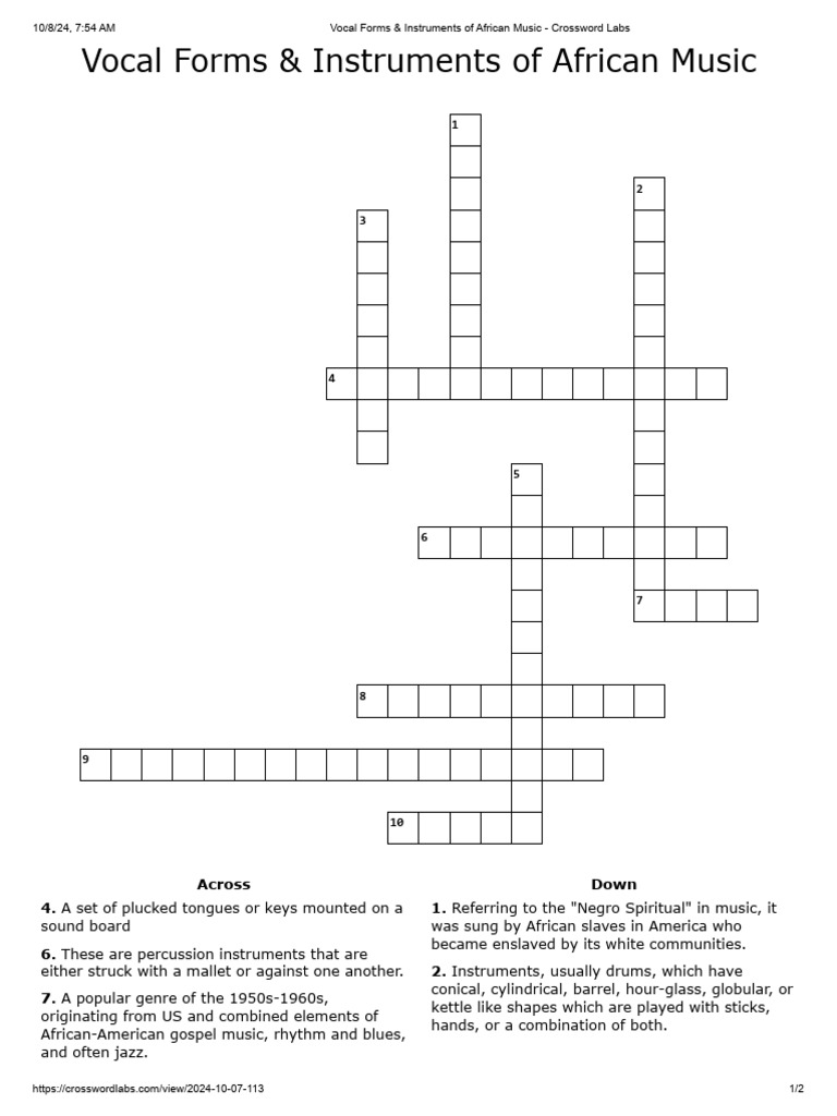 Vocal Forms & Instruments of African Music - Crossword Labs | PDF ...