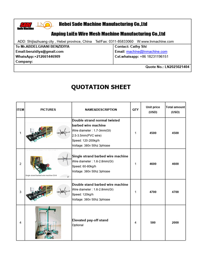 Barbed Wire Machine Quotation | PDF | Wire | Machines