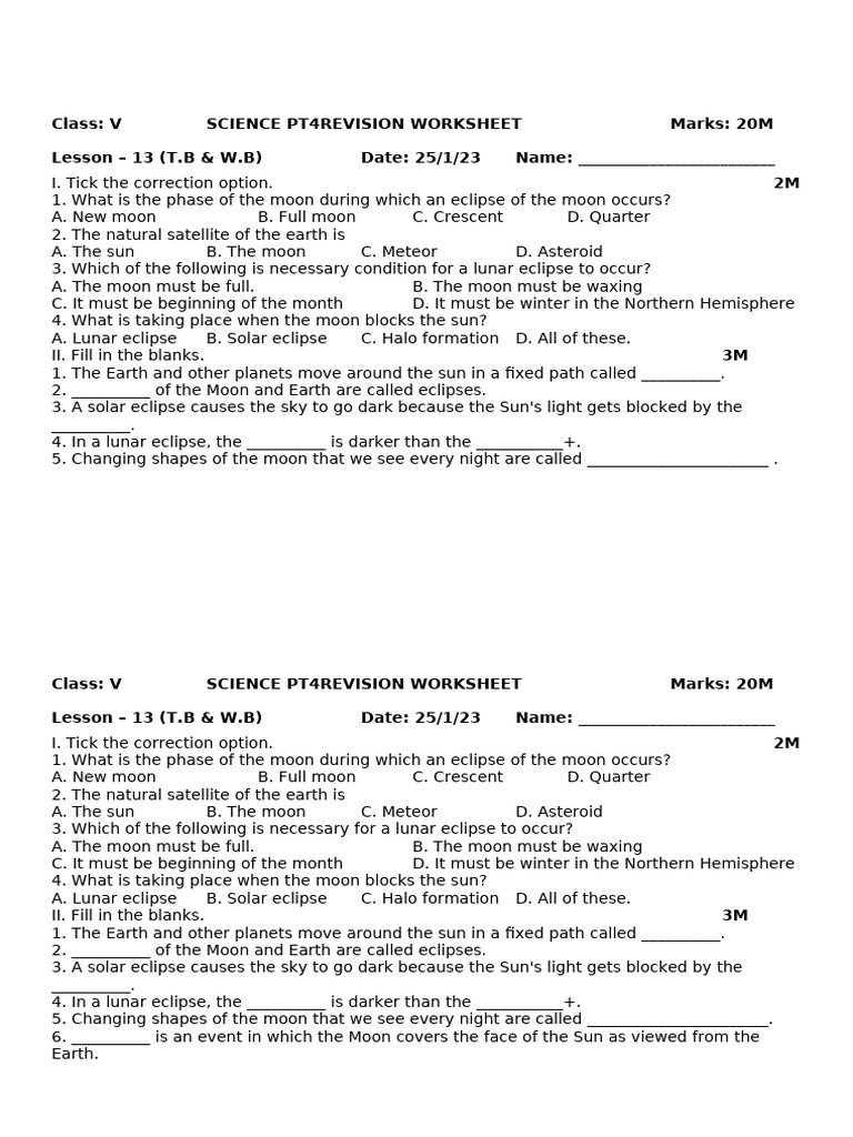 Grade-5 Revision WS Ch-13 | PDF | Moon | Eclipse