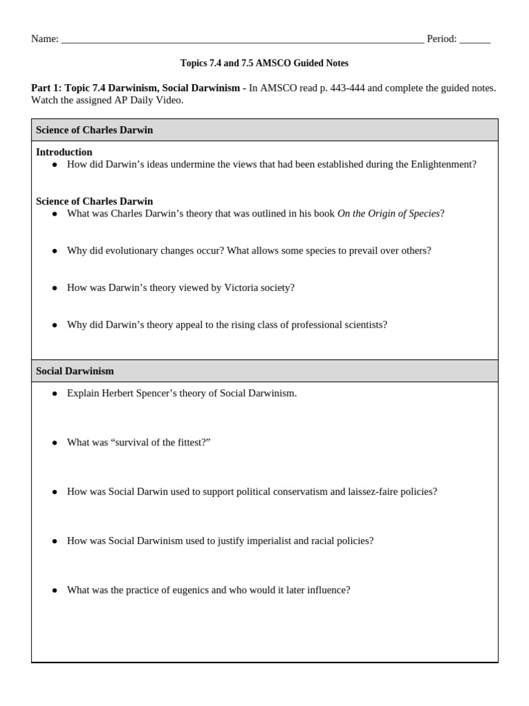 APE+Topics+7 4+and++7 5+AMSCO+Guided+Notes | PDF | Darwinism | Science