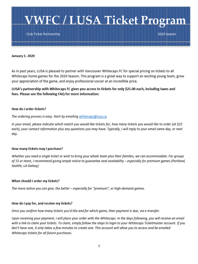 LUSA and Whitecaps Ticket Program 2020 | PDF | Major League Soccer