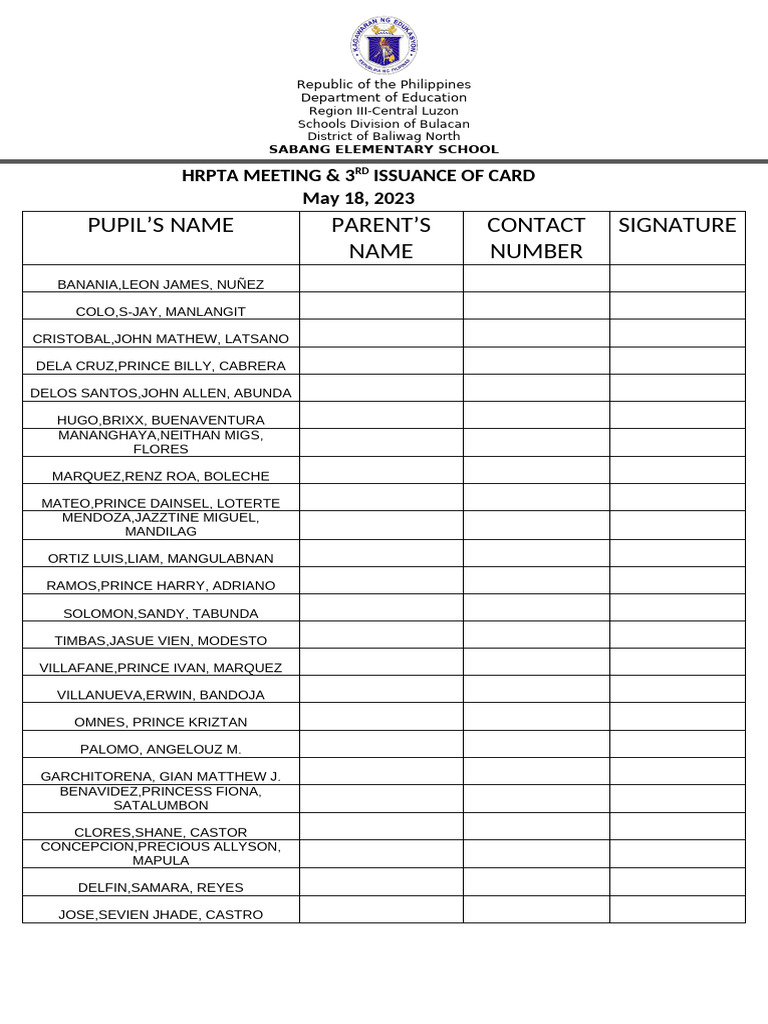 HRPTA Meeting Attendance List 2023 | PDF