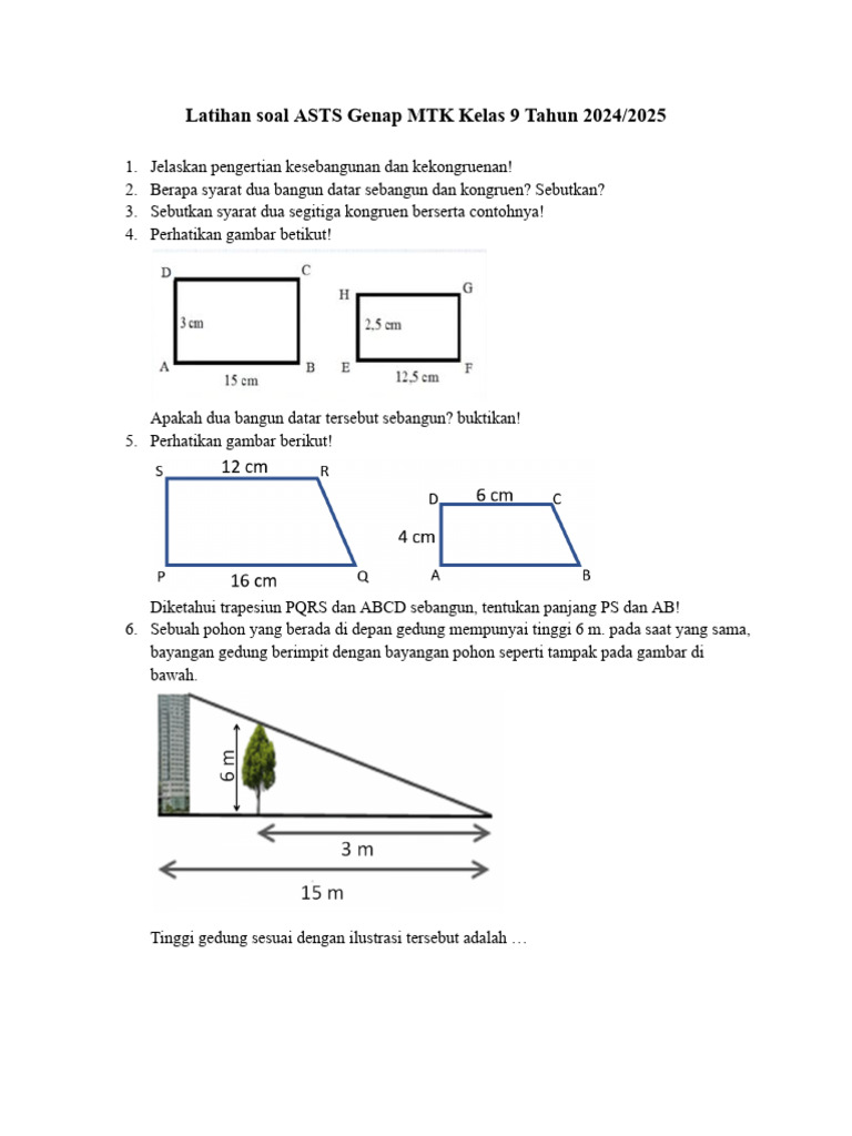Latihan Soal ASTS MTK Kelas 9 Tahun 2024 - 2025 | PDF