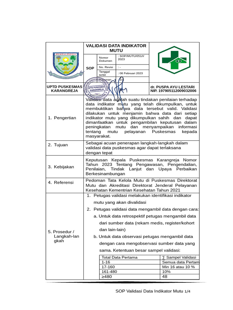 SOP VALIDASI DATA INDIKATOR MUTU - Docx - Google Dokumen | PDF