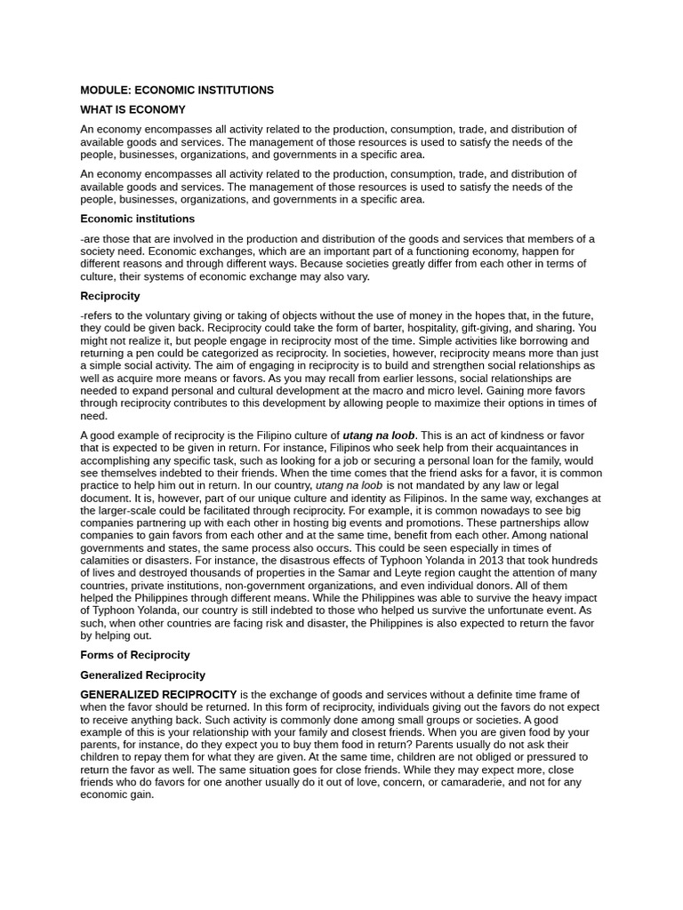 Economics Institutions - Module | PDF | Market (Economics) | Money