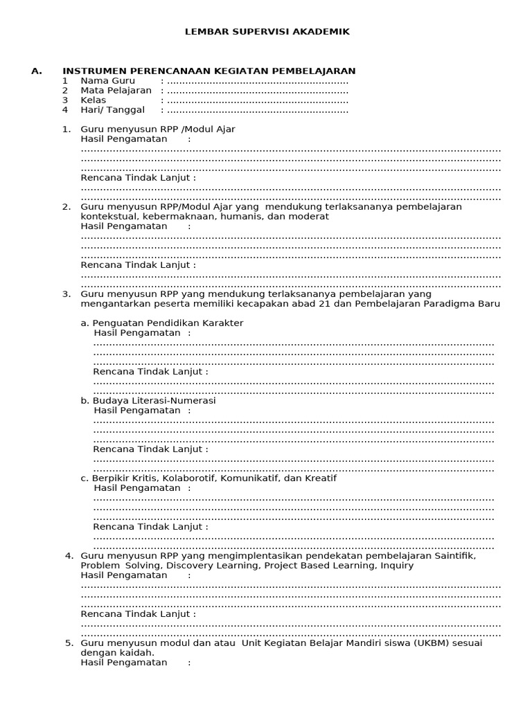 Lembar Supervisi Akademik Deskripsi | PDF