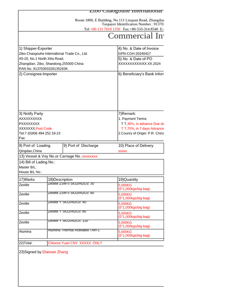 Commercial Invoice for Zeolite and Alumina | PDF | Business Documents