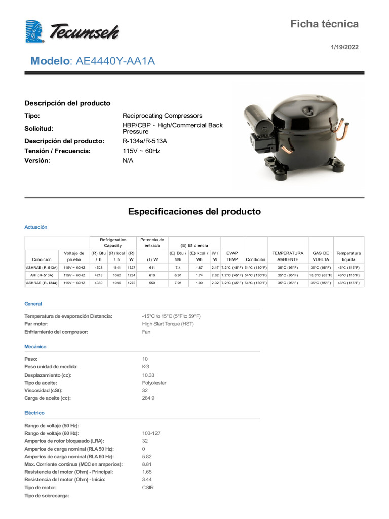 Ficha técnica compresor AE4440Y-AA1A | PDF | Electricidad | Unidades de ...