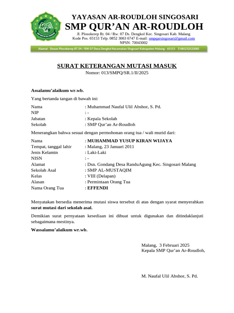 Surat Mutasi Masuk Yusup Kiran Wijaya | PDF