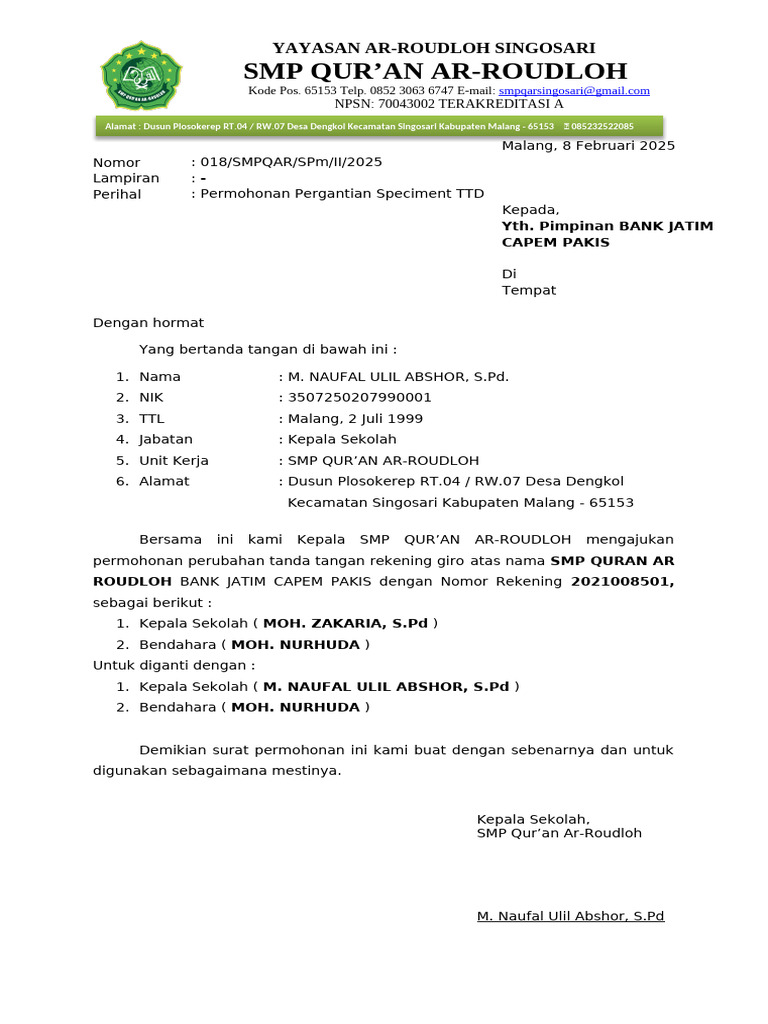 Permohonan Ganti TTD SMP Ar-Roudloh | PDF