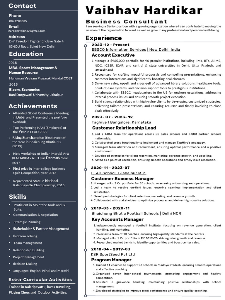 CV_Vaibhav_Hardikar_Sales_20250111_140536_0000 | PDF | Marketing | Business