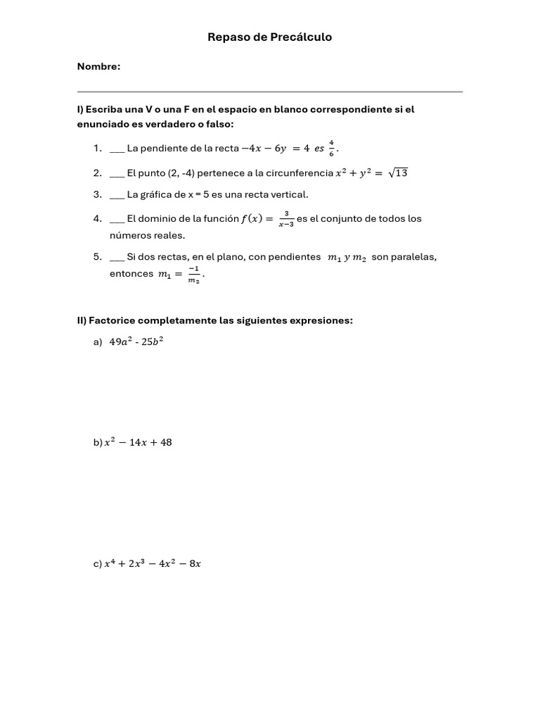Ejercicios de Precálculo y Álgebra | PDF | Línea (geometría) | Ecuaciones