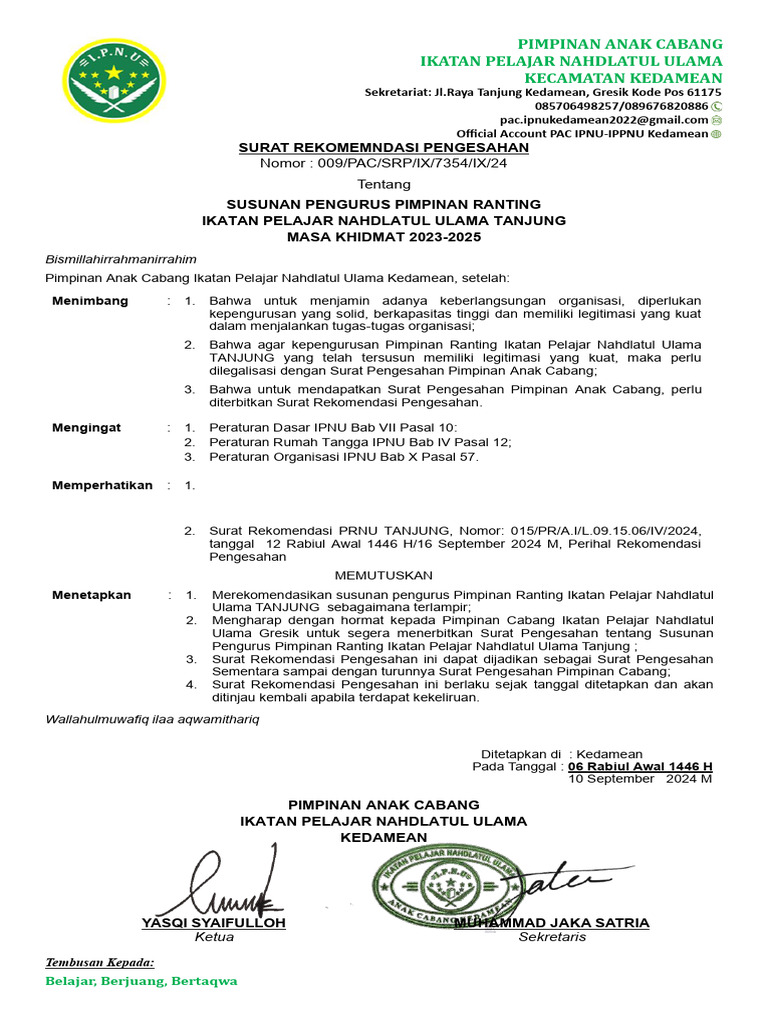 SURAT REKOM PENGESAHAN IPNU | PDF