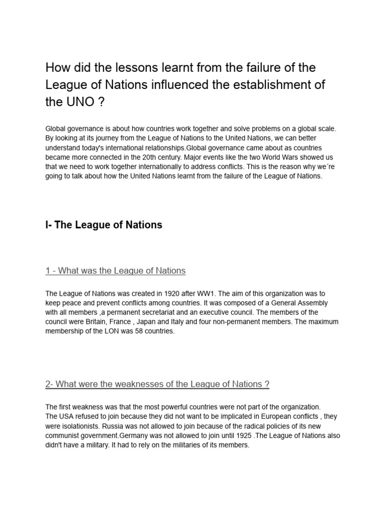 Lessons Learnt From The Failure of The League of Nations | PDF | United ...