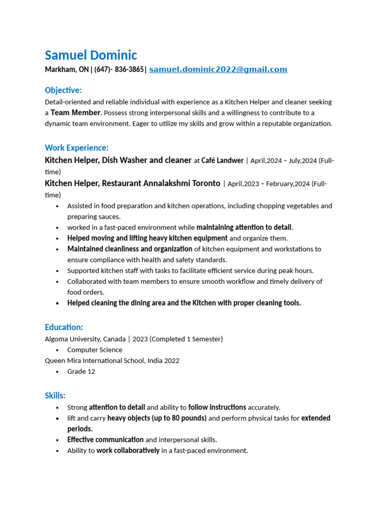 Kitchen Team Member Resume | PDF