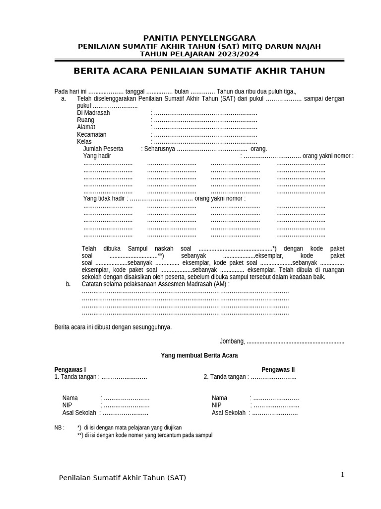 Berita Acara PAT Diwek | PDF